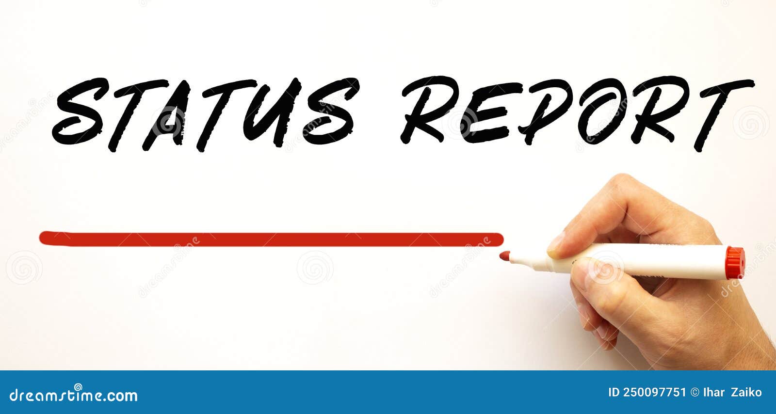 The Hand Writes on the White Office Board the Text STATUS REPORT in Red ...