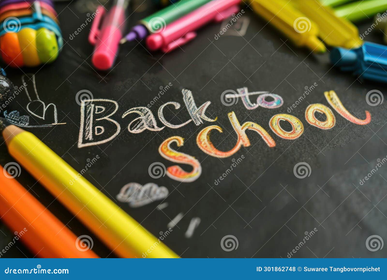 Hand Writing of Back To School on Blackboard with Stationary Stock ...