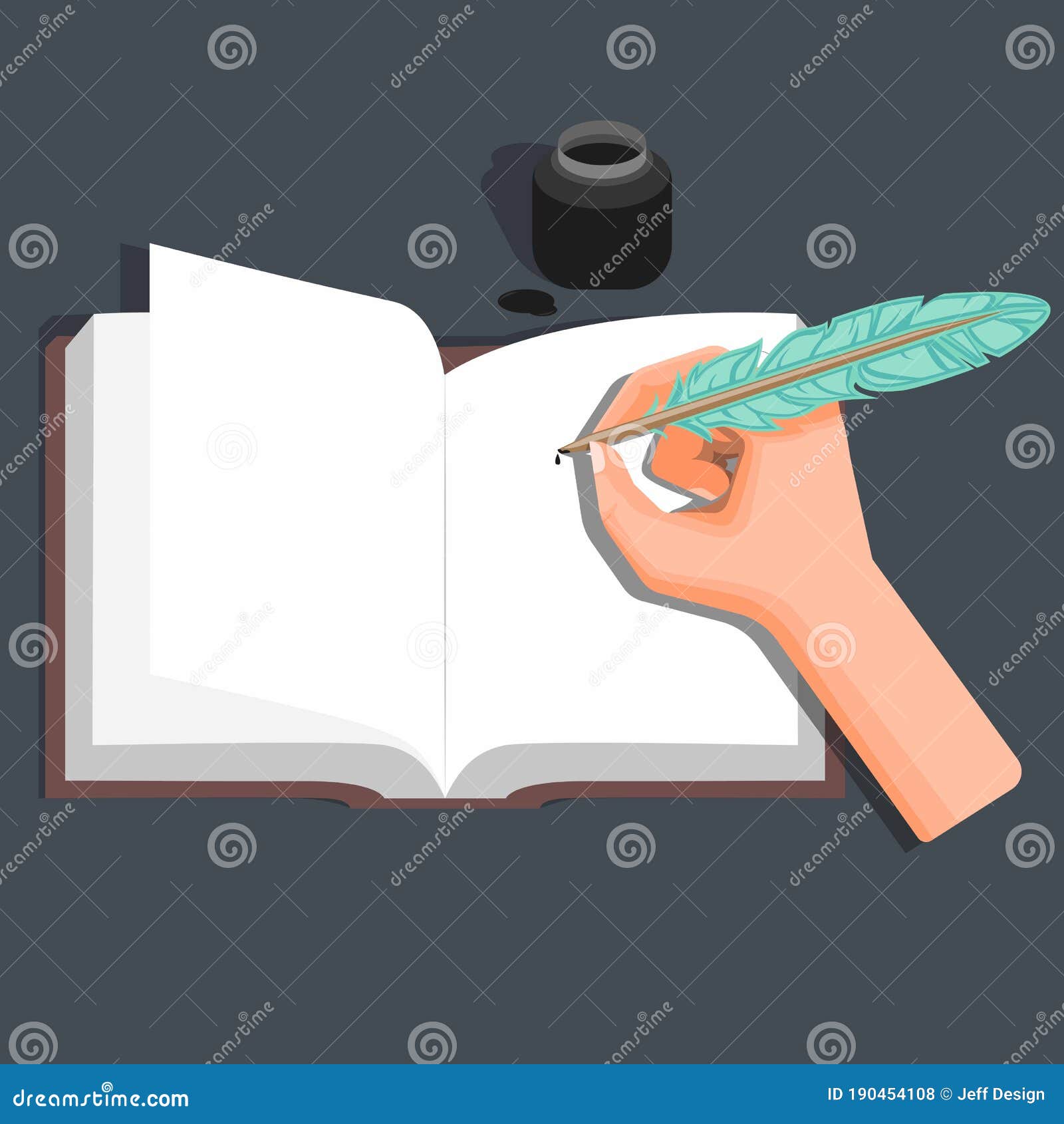 Hand Writing on Book with Feather Pen and Inkwell in Flat Illustration ...