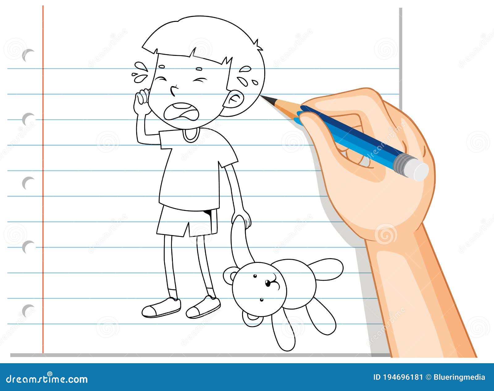 Hand Writing of Boy Crying with Teddy Bear Outline Stock Vector ...