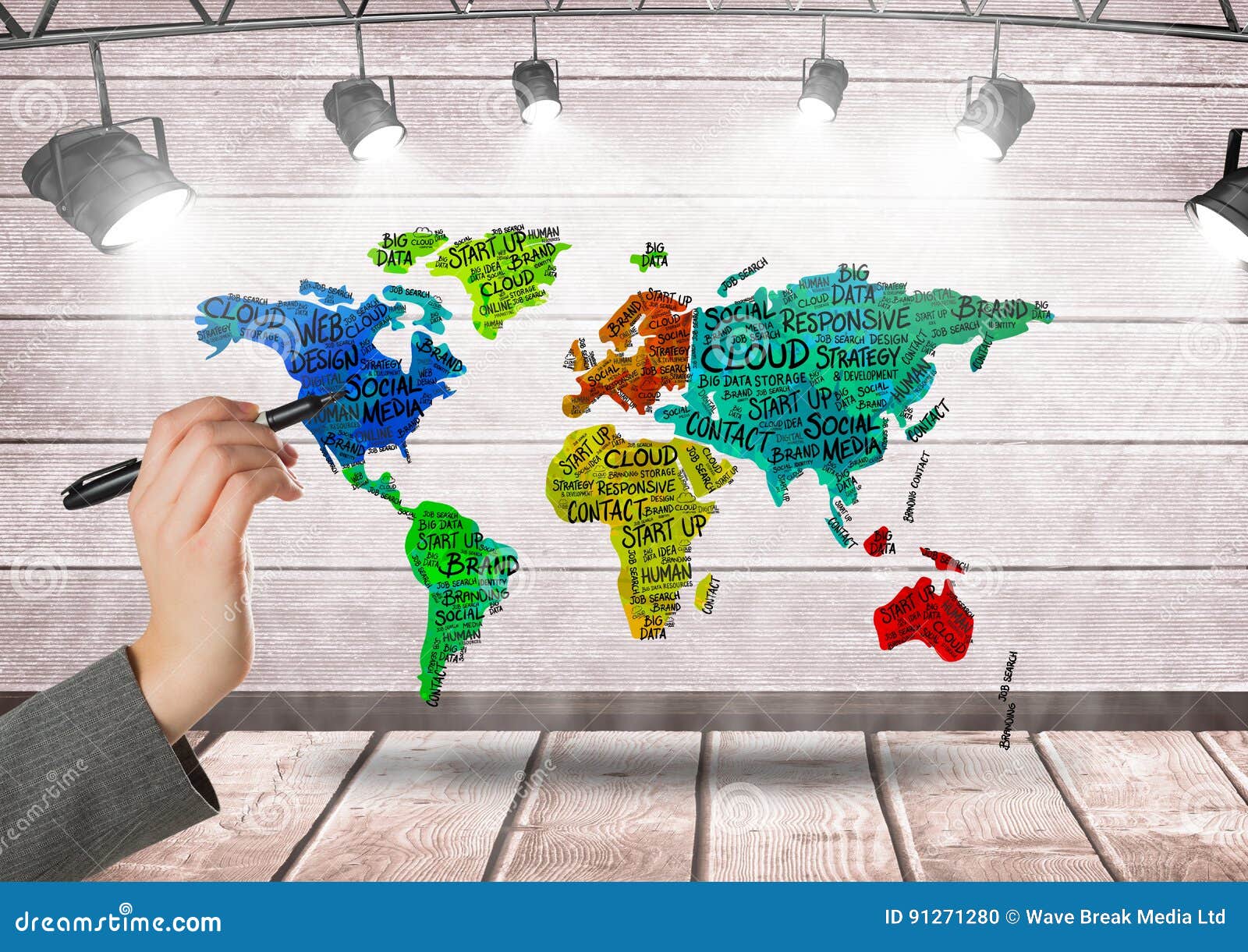 Hand Writing Business Words on Colorful Map Under Spotlights Stock ...