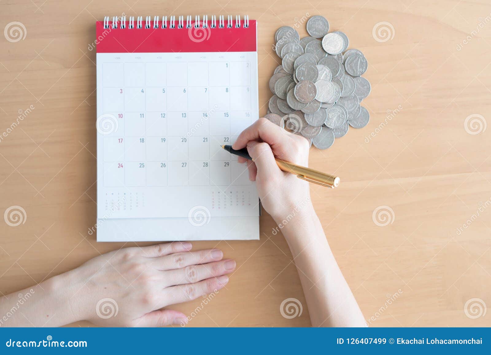 Hand Writing in Calendar Plan and Coins Stock Image - Image of finance ...