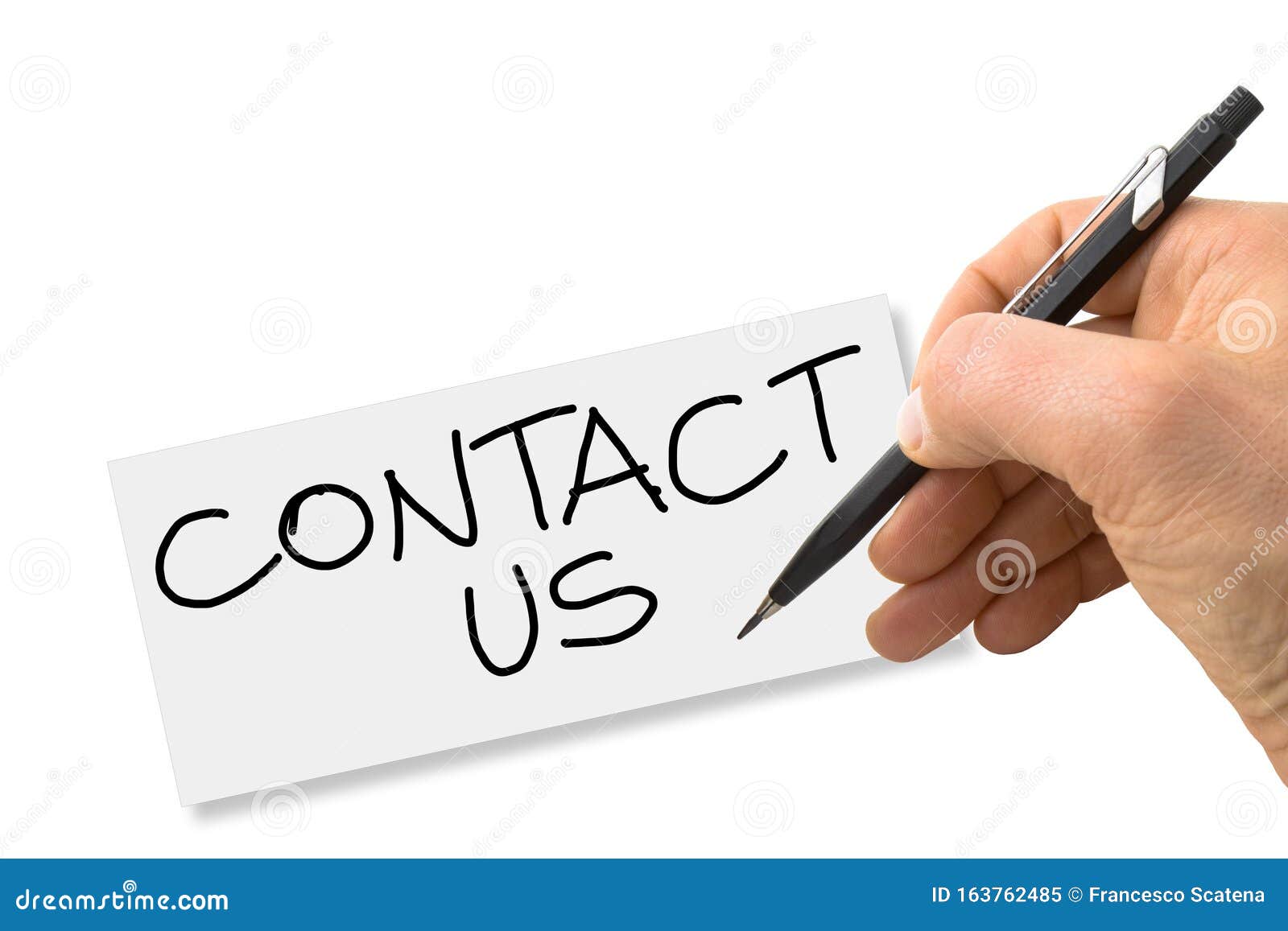 Hand Writing Contact Us on a Blank Card Isolated on White Stock Image ...