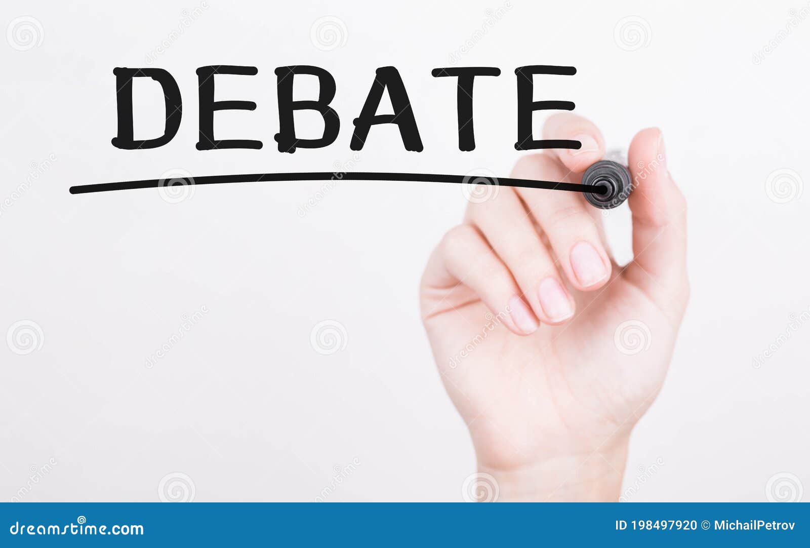 Hand Writing DEBATE with Black Marker on Transparent Wipe Board Stock ...
