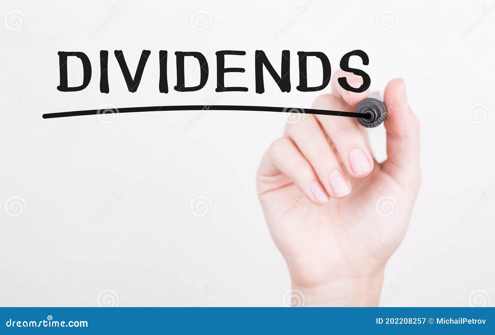Hand Writing Dividends with Black Marker on Transparent Wipe Board ...