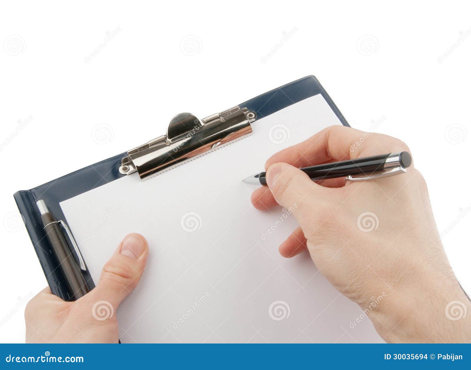 Hand Writing on an Empty Document in a Clipboard Stock Photo - Image of ...