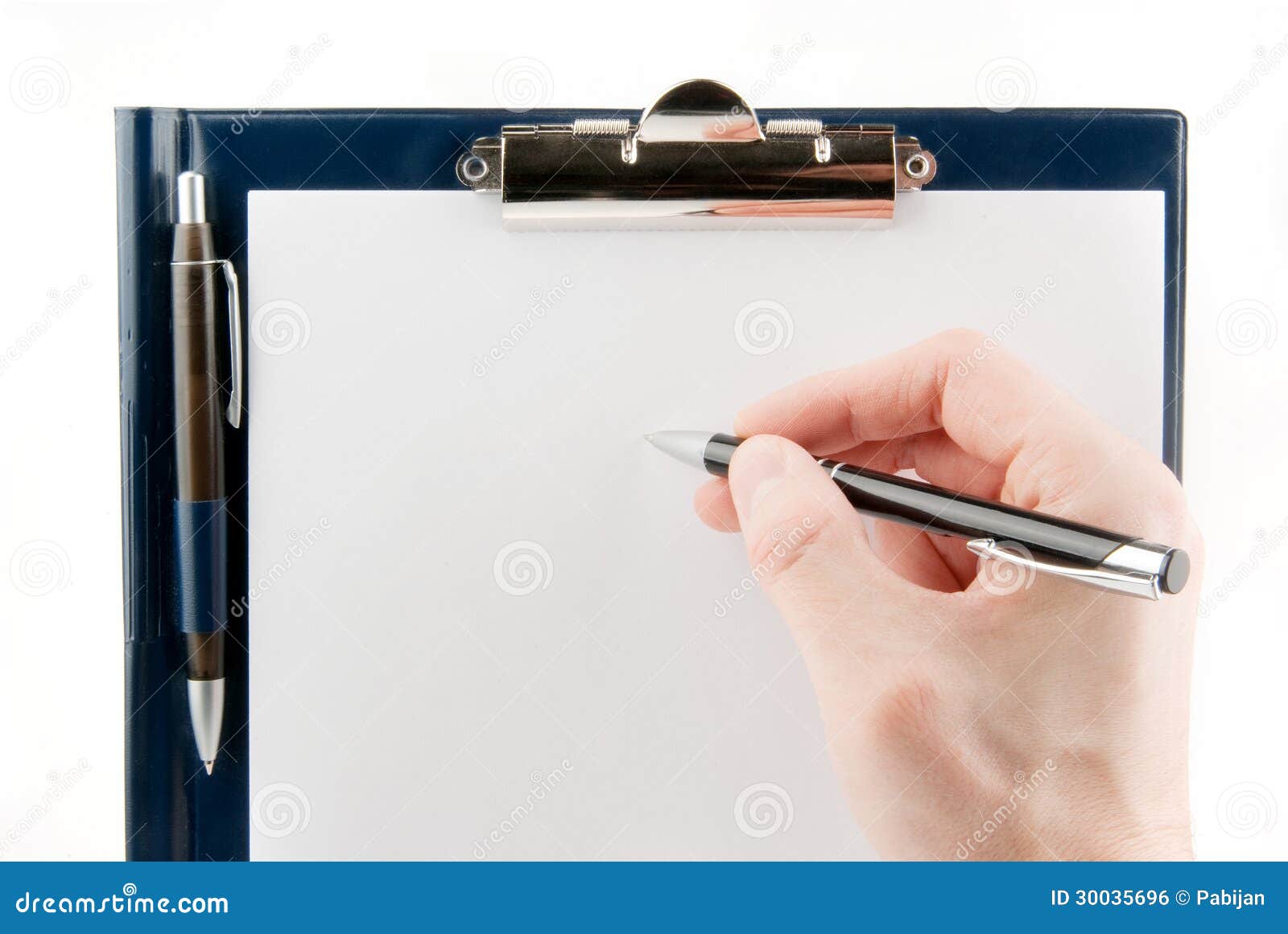 Hand Writing on an Empty Document in a Clipboard Stock Photo - Image of ...