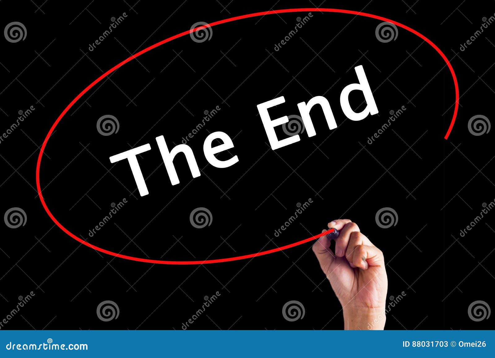 Hand Writing the End with a Marker Over Transparent Board. Stock Image ...