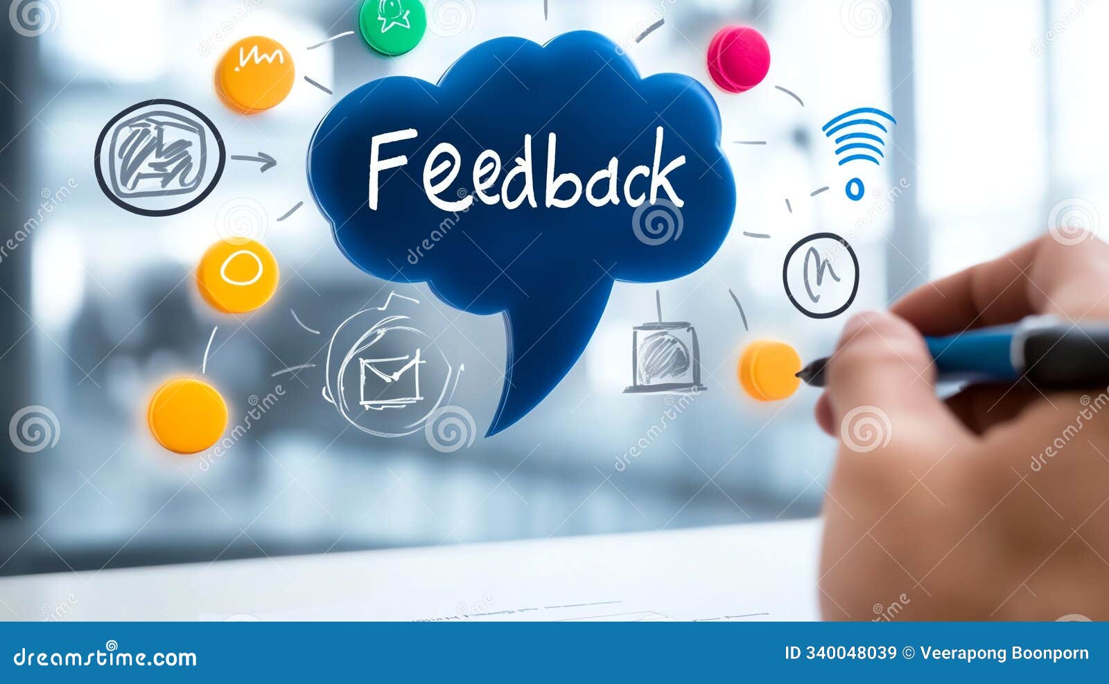 Hand Writing Feedback on Transparent Screen with Icons and Symbols ...