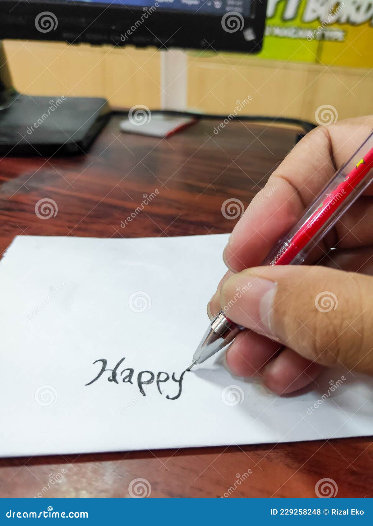 Hand Writing Happy Writing on White Paper Stock Photo - Image of paper ...