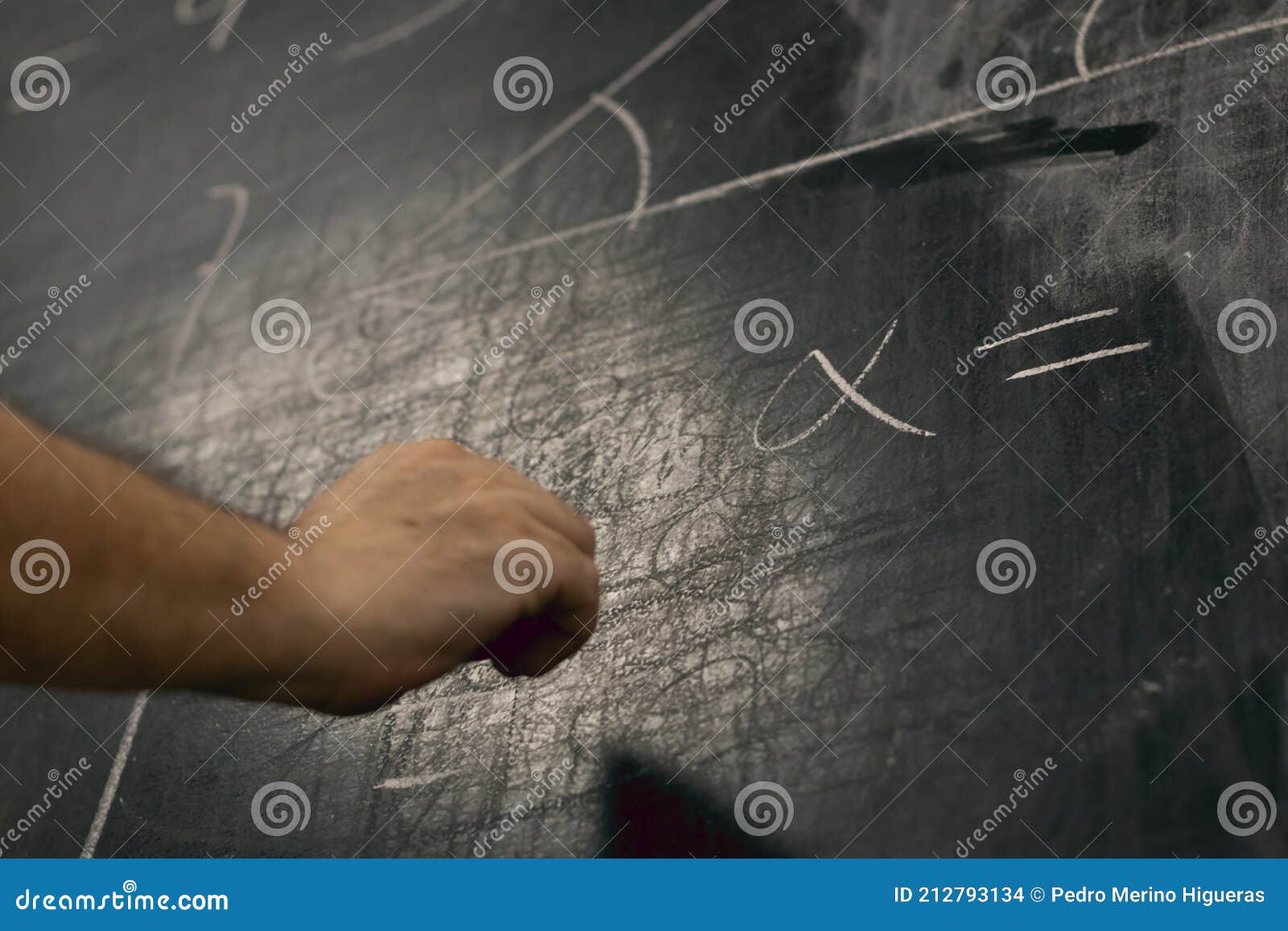 Hand Writing Maths Equations with Chalk on a Blackboard. Perspective ...