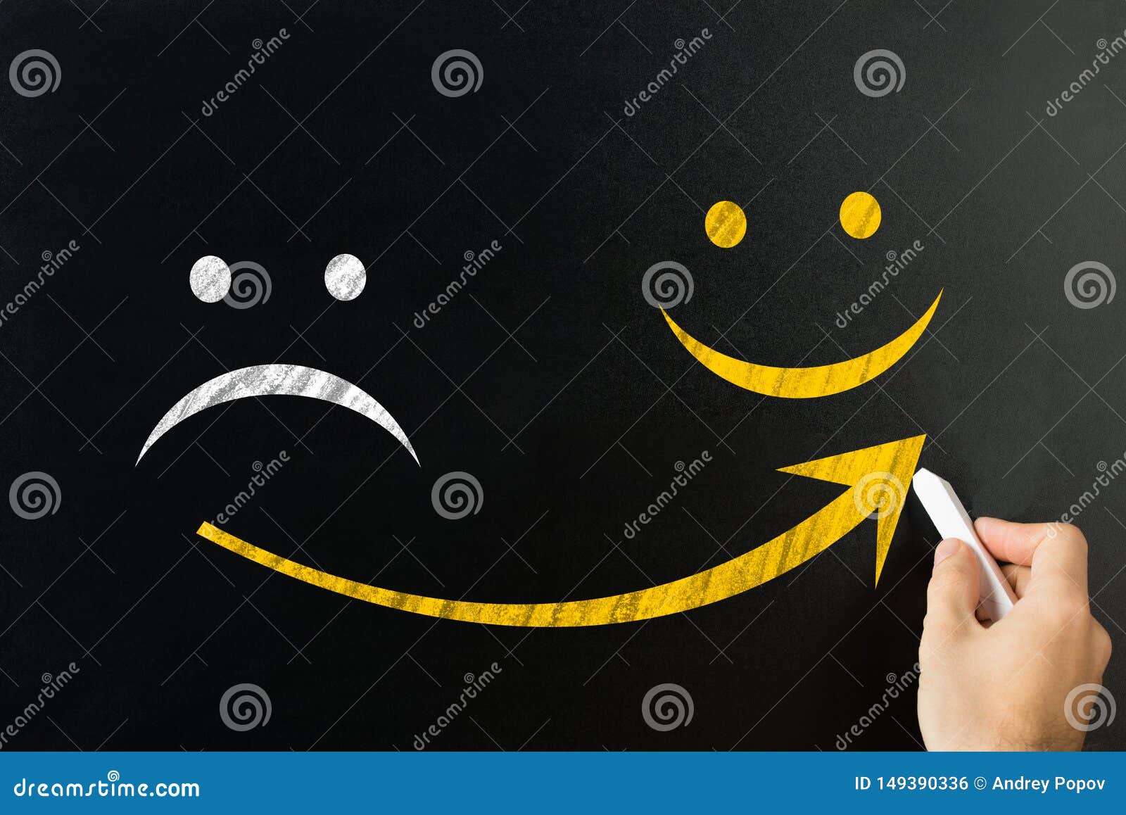 Man Drawing Arrow from Sad To Happy Face Stock Photo - Image of ...