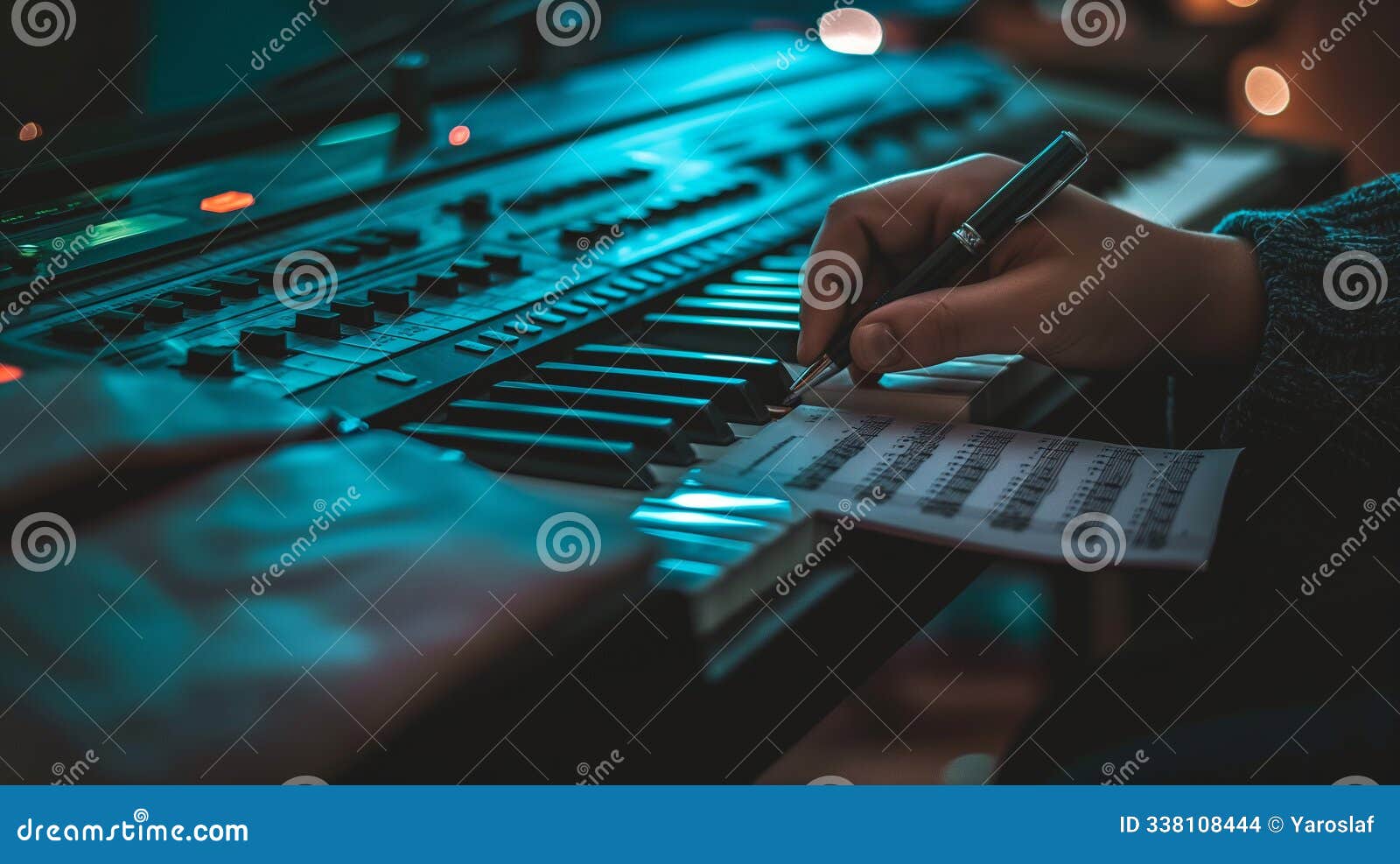 Hand Writing Music Notes on Modern Keyboard Under Soft Light, Musical ...