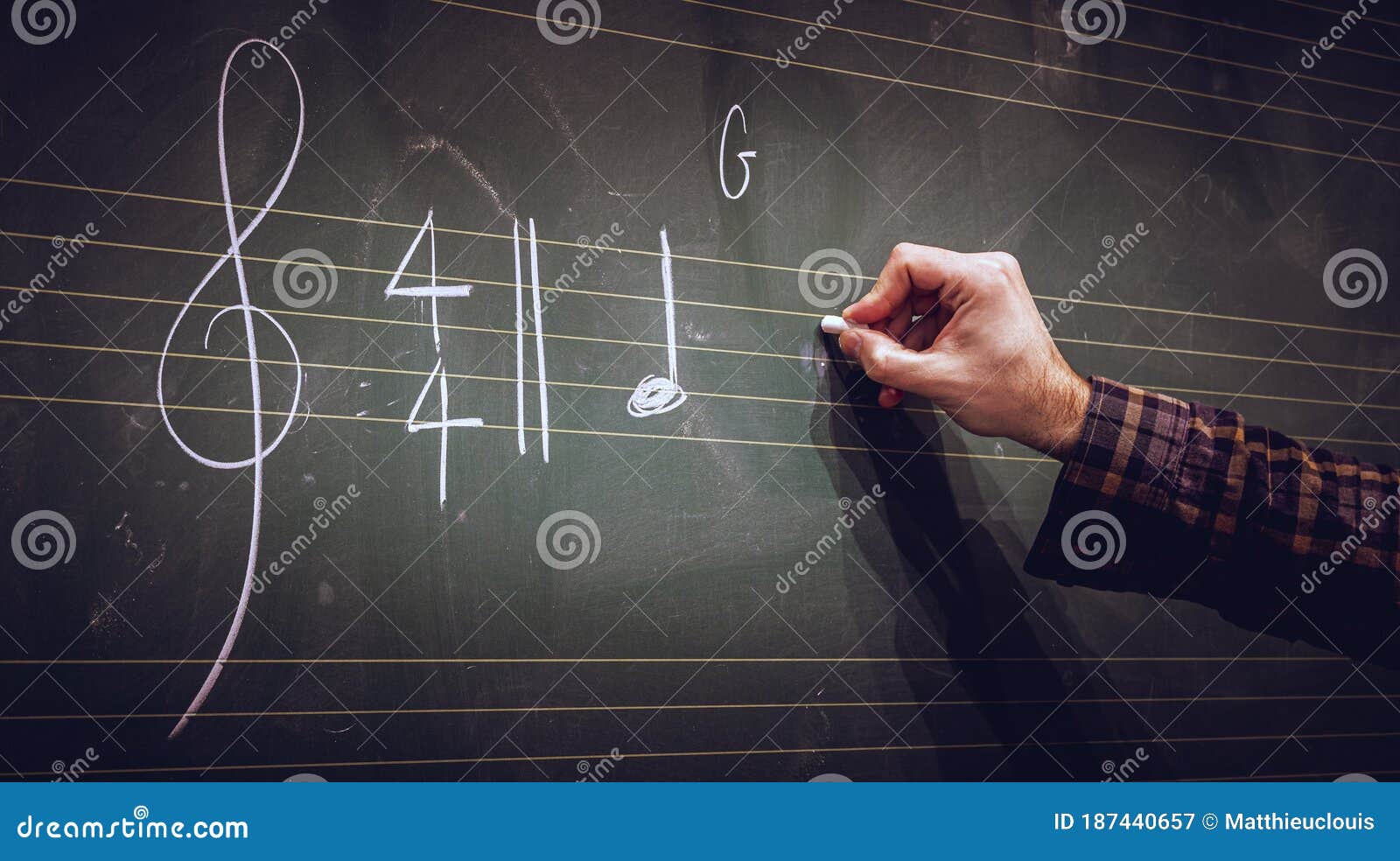 Hand Writing Music Notes on a Score on Blackboard Stock Image - Image ...