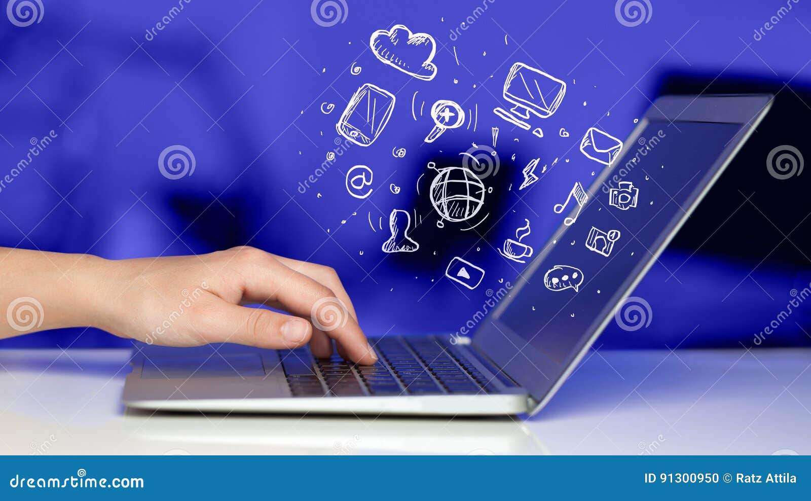 Hand Writing on Notebook Computer with Media Icons Stock Photo - Image ...