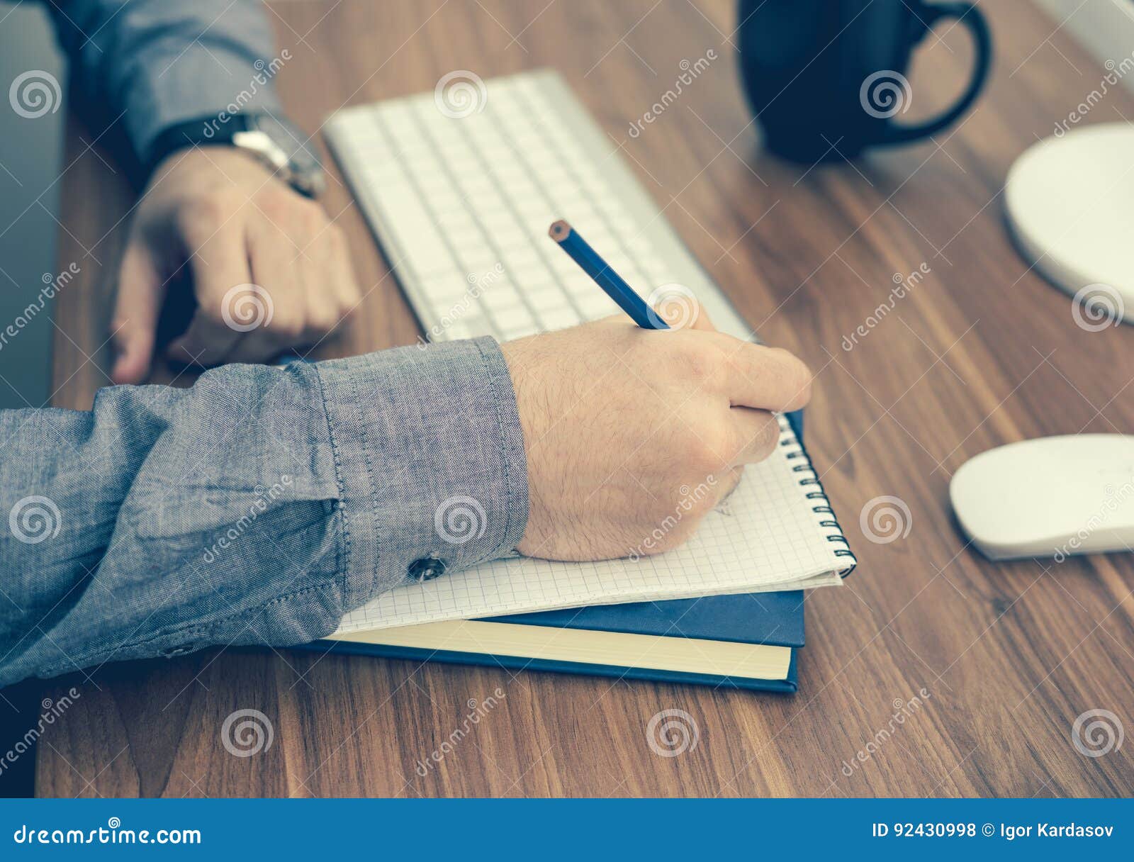 Hand Writing in Notebook on Wooden Table Stock Photo - Image of ...
