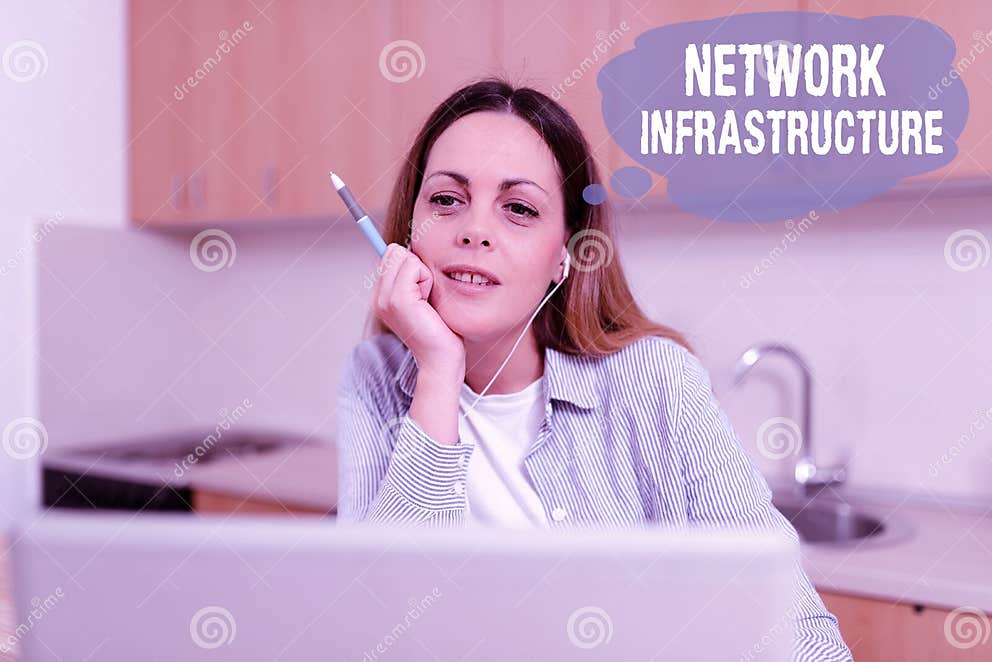 Hand Writing Sign Network Infrastructure. Word Written on Hardware and ...