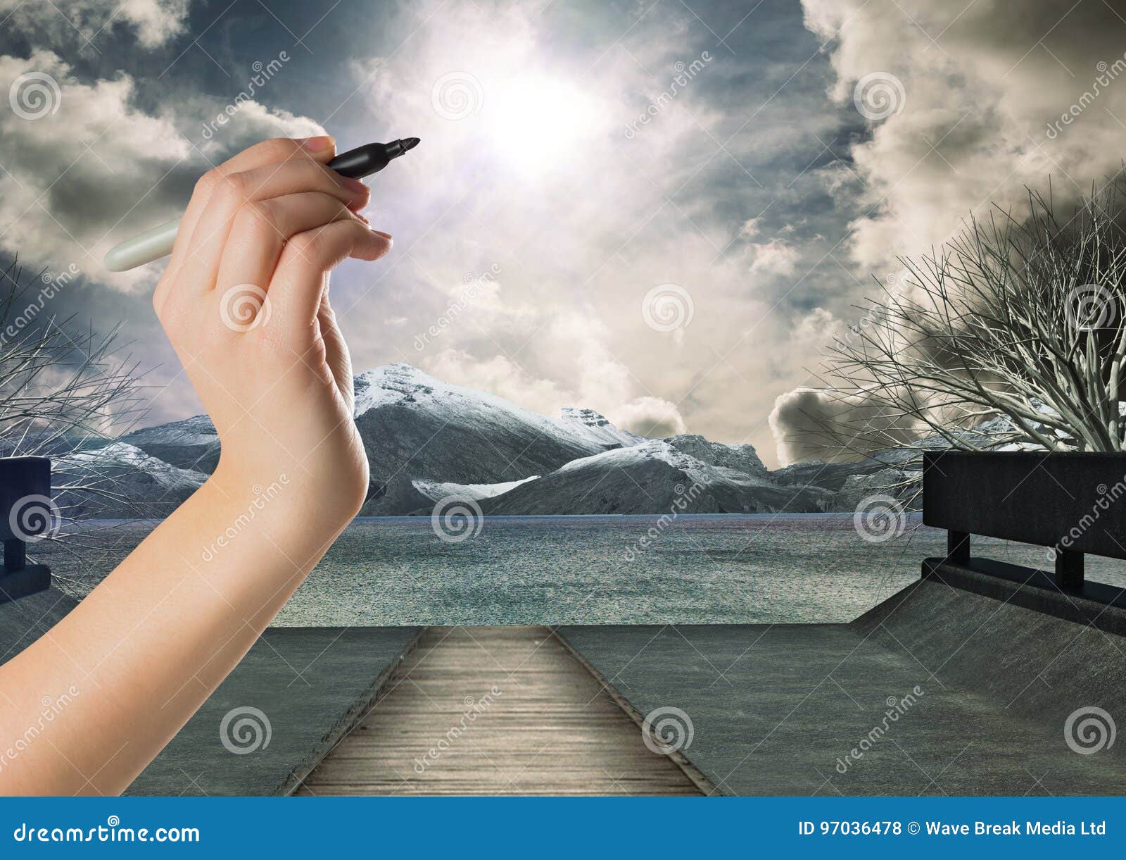 Hand Writing in Sky of Mystical Dramatic Landscape Stock Photo - Image ...