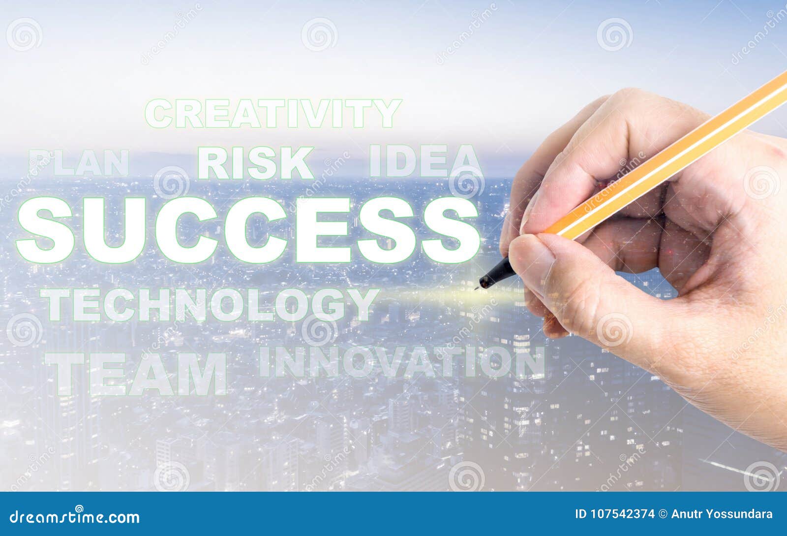 Hand Writing Success on Business Modern City Light Stock Photo - Image ...