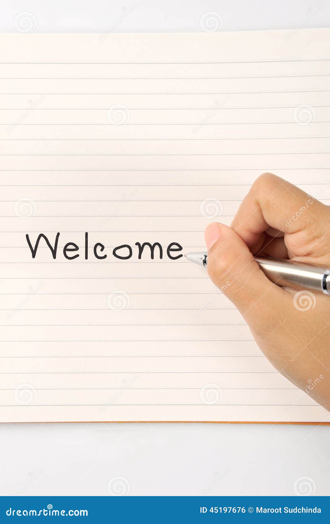 Hand writing welcome stock photo. Image of sign, close - 45197676