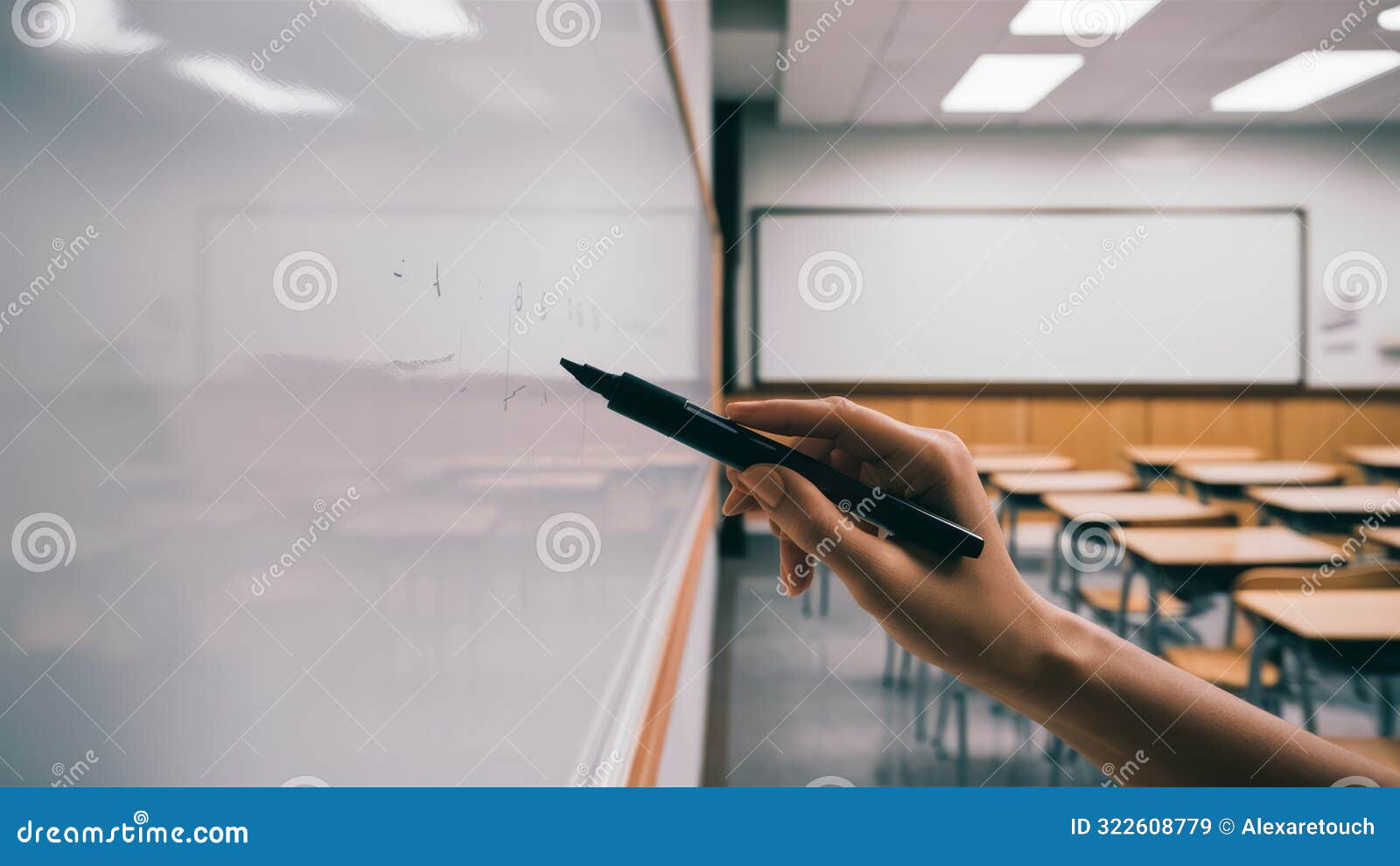 Hand Writing on Whiteboard in Empty Classroom Stock Image - Image of ...