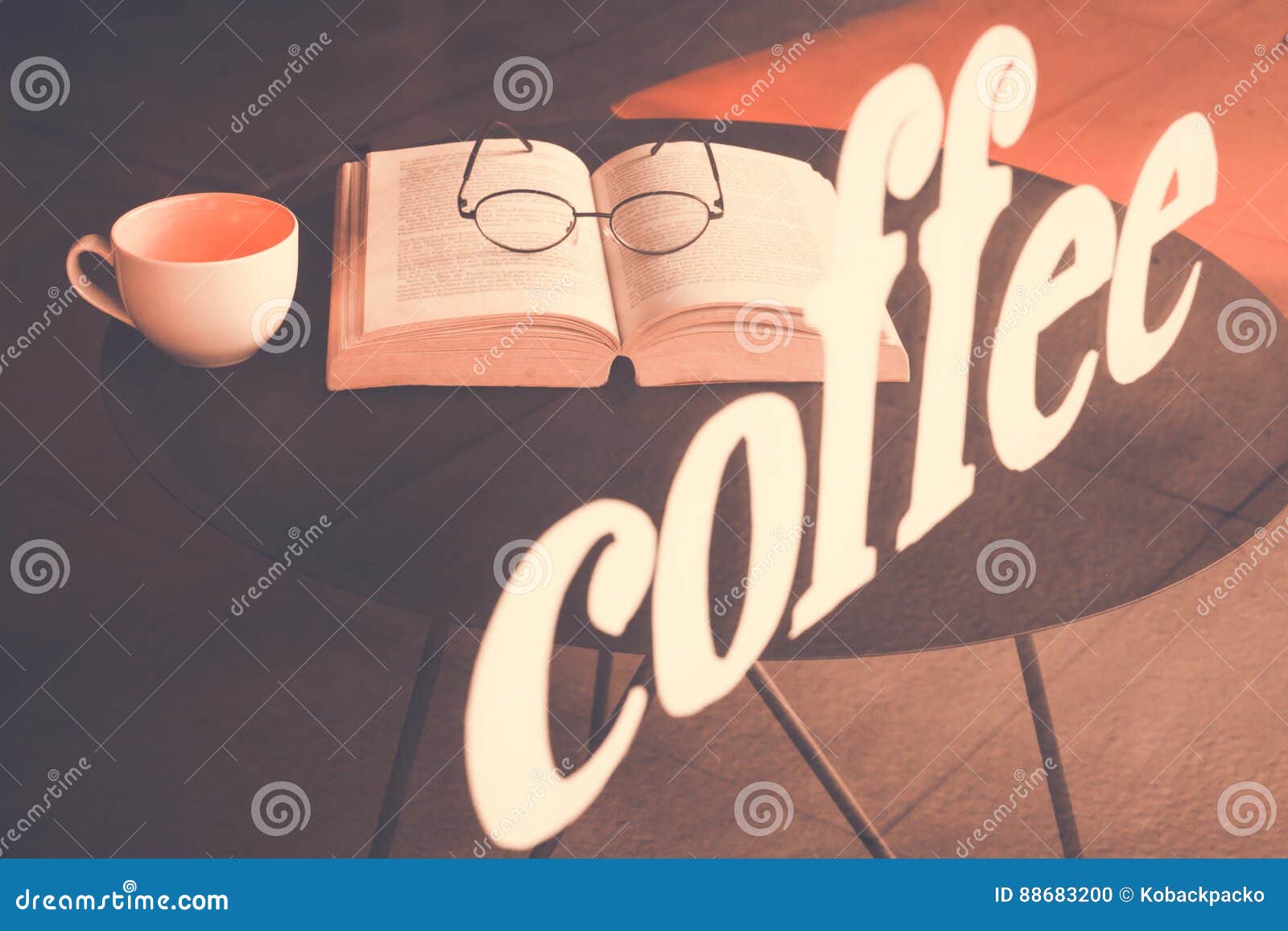 Hand Written Coffee at Glass of Cafe with Cup of Coffee or Te Stock ...