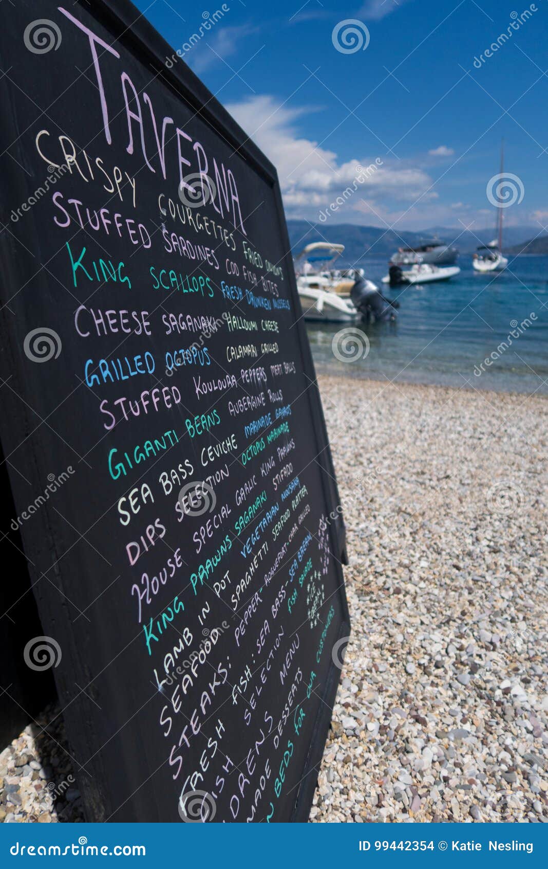 Hand Written Menu on Beach Outside Greek Taverna Stock Photo - Image of ...