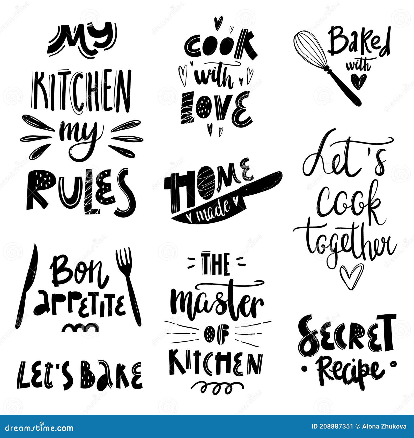 Hand Written Vector Cooking Lettering Set On White Background. Vector ...