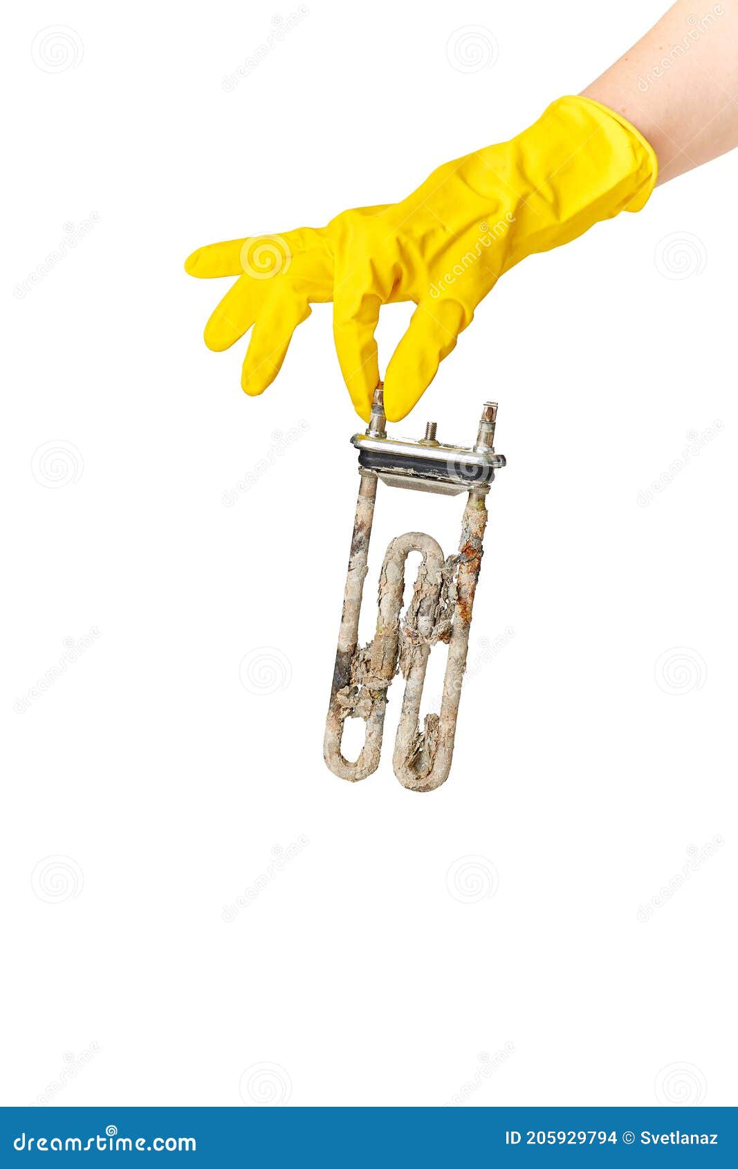 A Hand in a Yellow Glove Holds the Heating Element of a Washing Machine ...