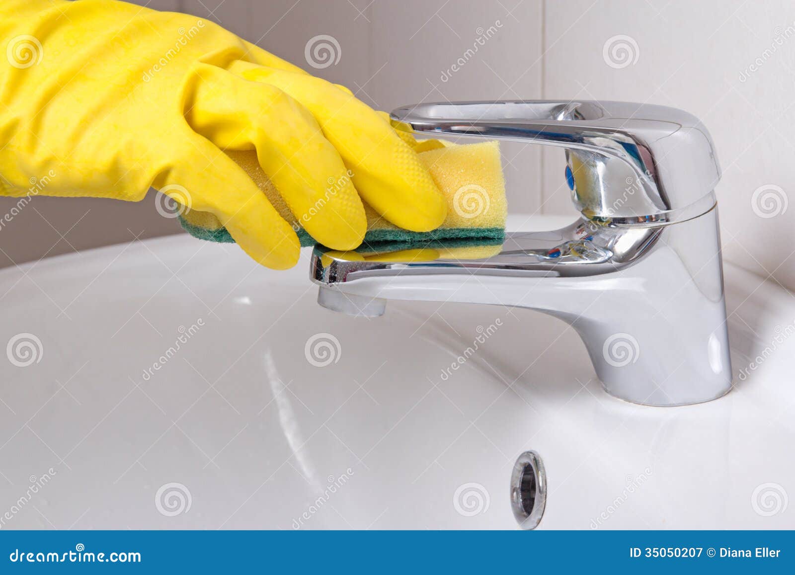 Hand in Yellow Glove with Sponge Cleaning Sink Stock Image - Image of ...