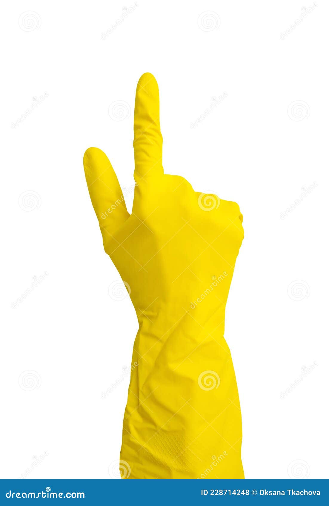 Hand in Yellow Rubber Gloves Points Up Isolated on a White Background ...
