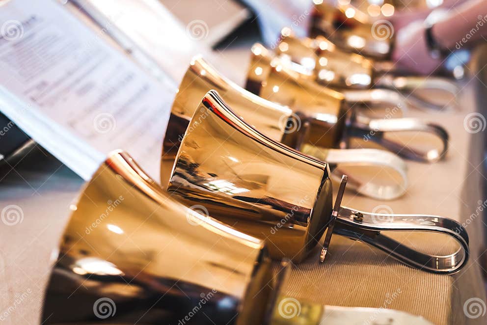 Handbells on Table Ready To Perform Stock Photo - Image of church ...