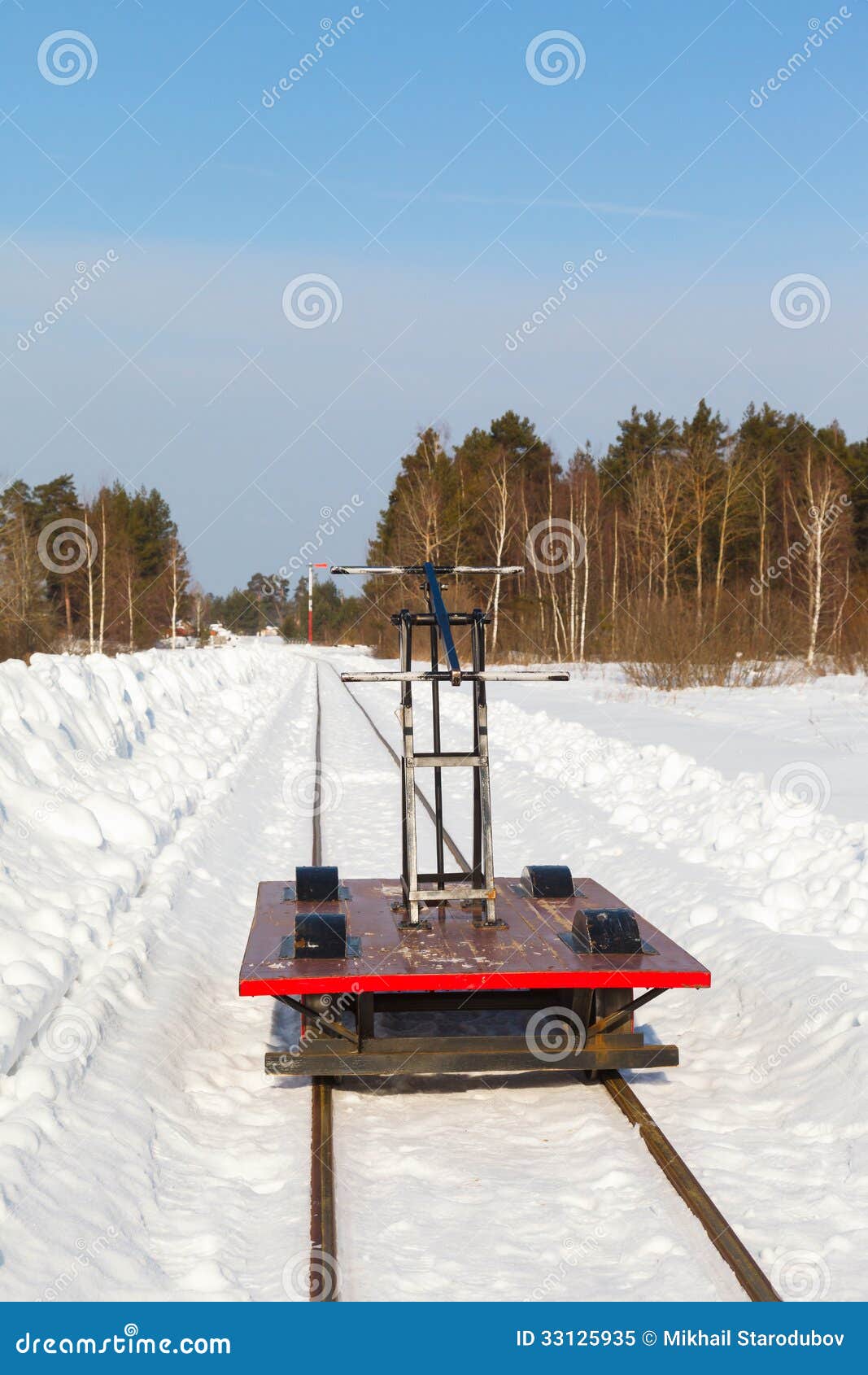 Handcar on a Narrow Track in Snow and Blue Sky Stock Image - Image of ...