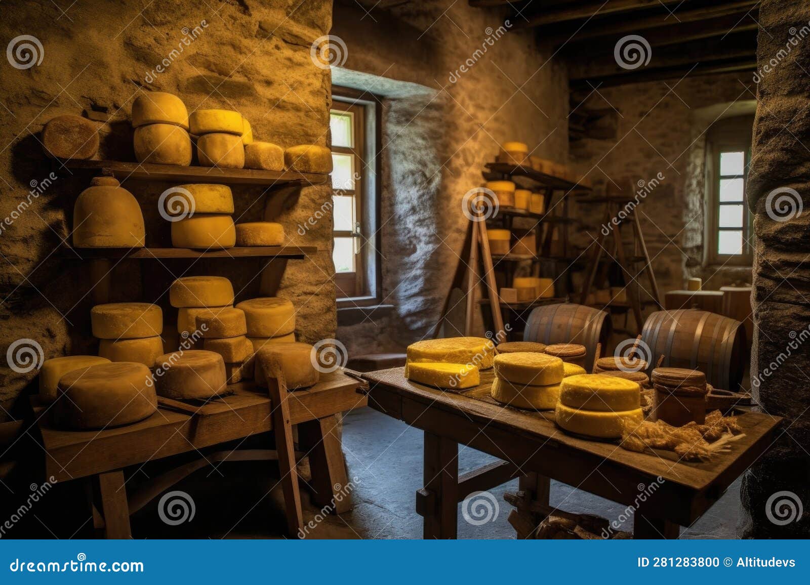 Handcrafted Cheese Wheels Aging in a Cellar Stock Photo - Image of ...