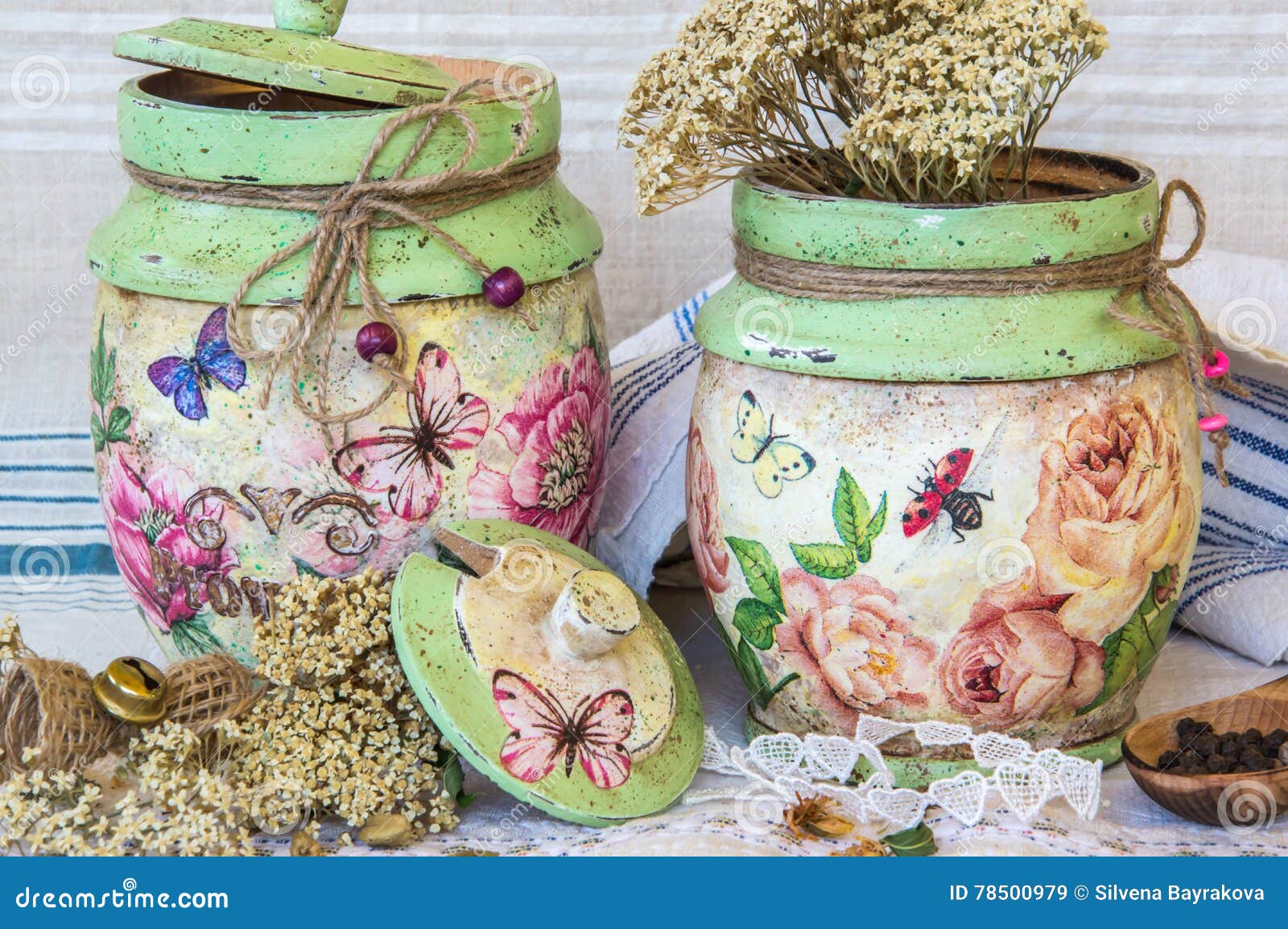 Handcrafted and Decoupage Hand Decorated Containers Stock Image - Image ...