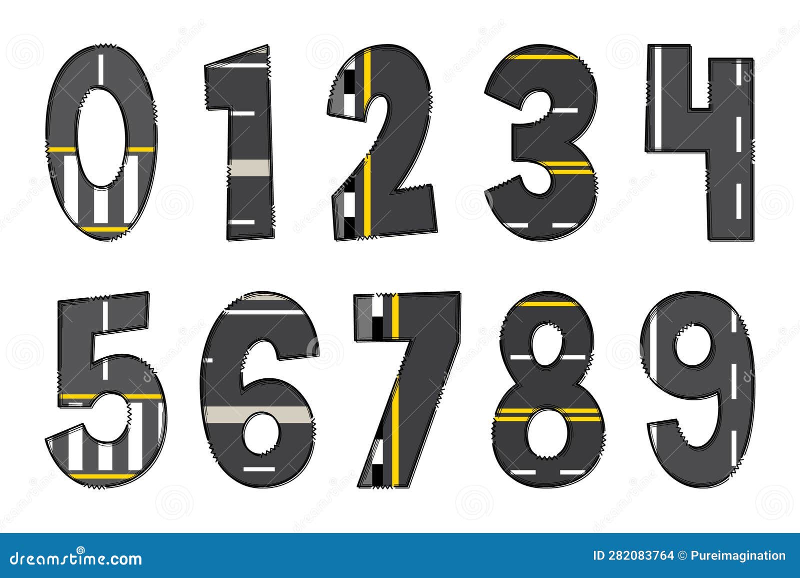 Handcrafted Straight Road Numbers. Color Creative Art Typographic ...