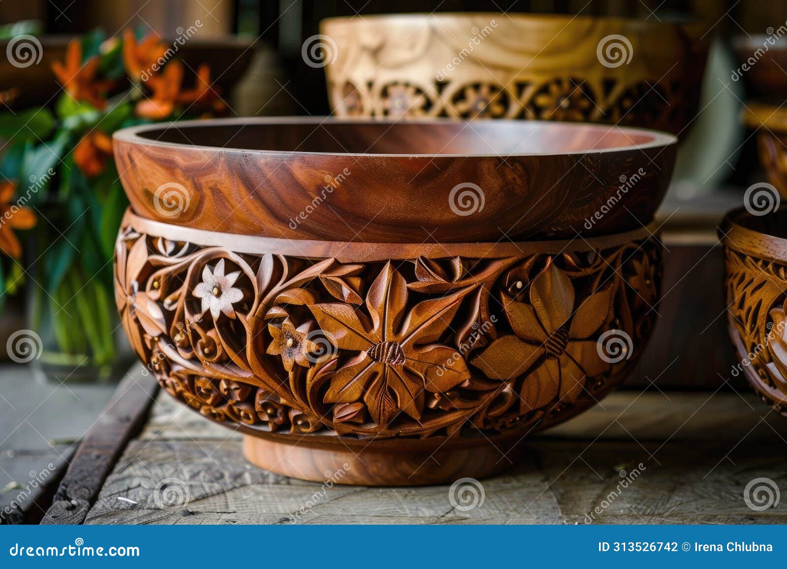 Handcrafted Wooden Bowls on a Table Stock Illustration - Illustration ...
