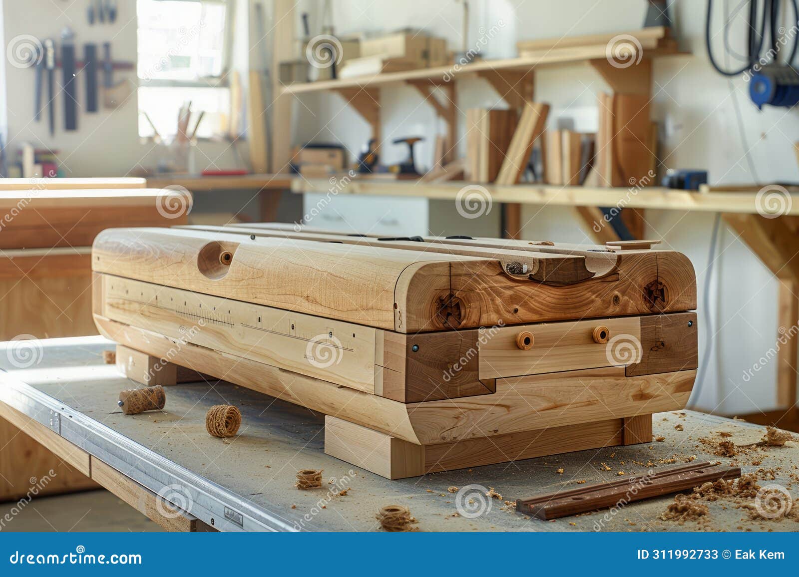 Handcrafted Wooden Toolbox on Workbench in Carpentry Workshop with Tools in Background Stock ...