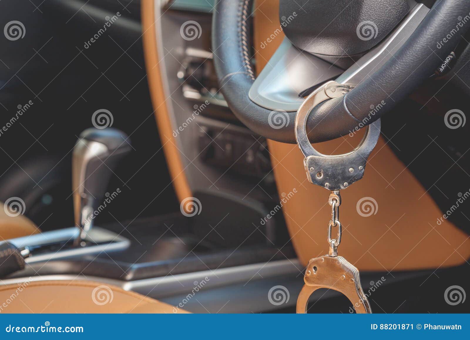 Handcuff on Steering Wheel Inside the Car. for Violence on the R Stock ...