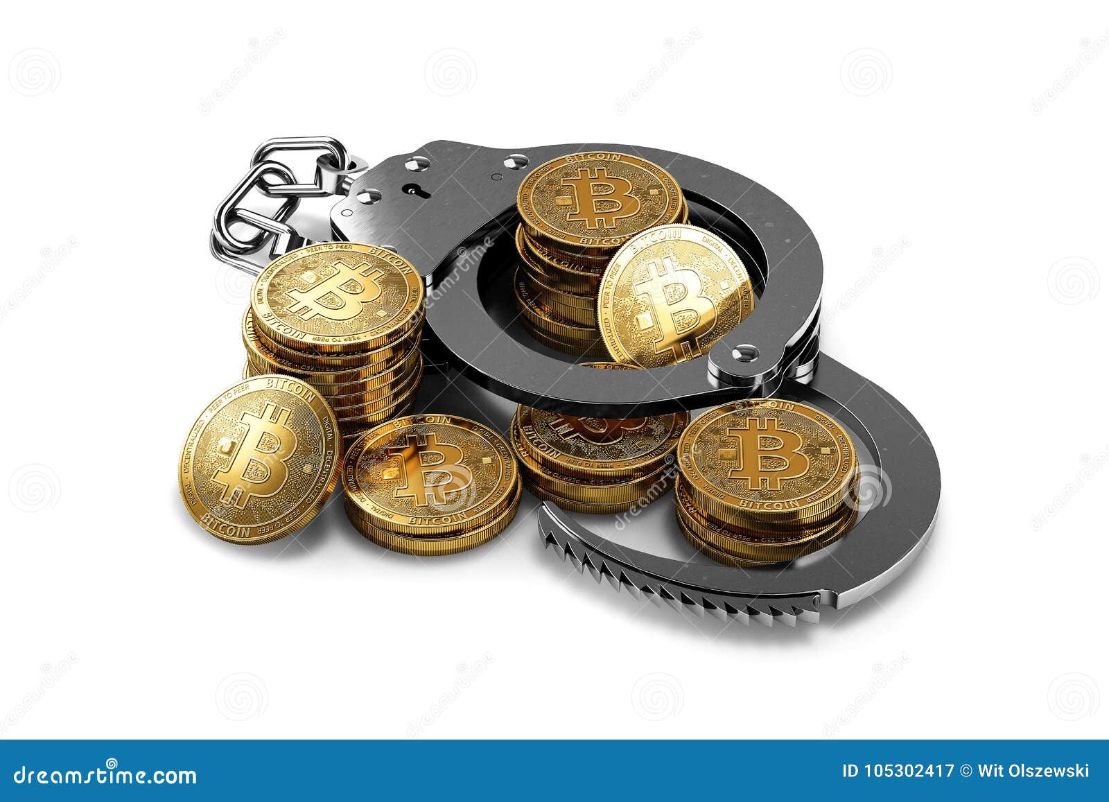 Handcuffs and Bitcoin Stack and Piles Isolated on White Background ... Handcuffs and Bitcoin Stack and Piles Isolated on White Background ...