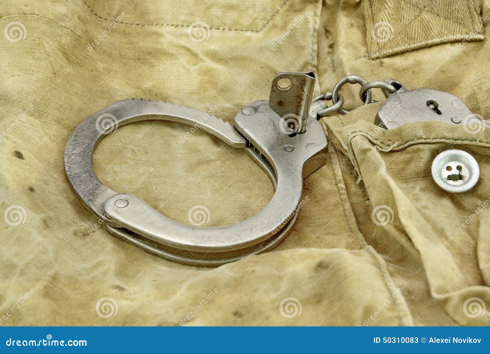 Handcuffs with Key on the Camouflage Army Bag or Fabric Stock Image ...