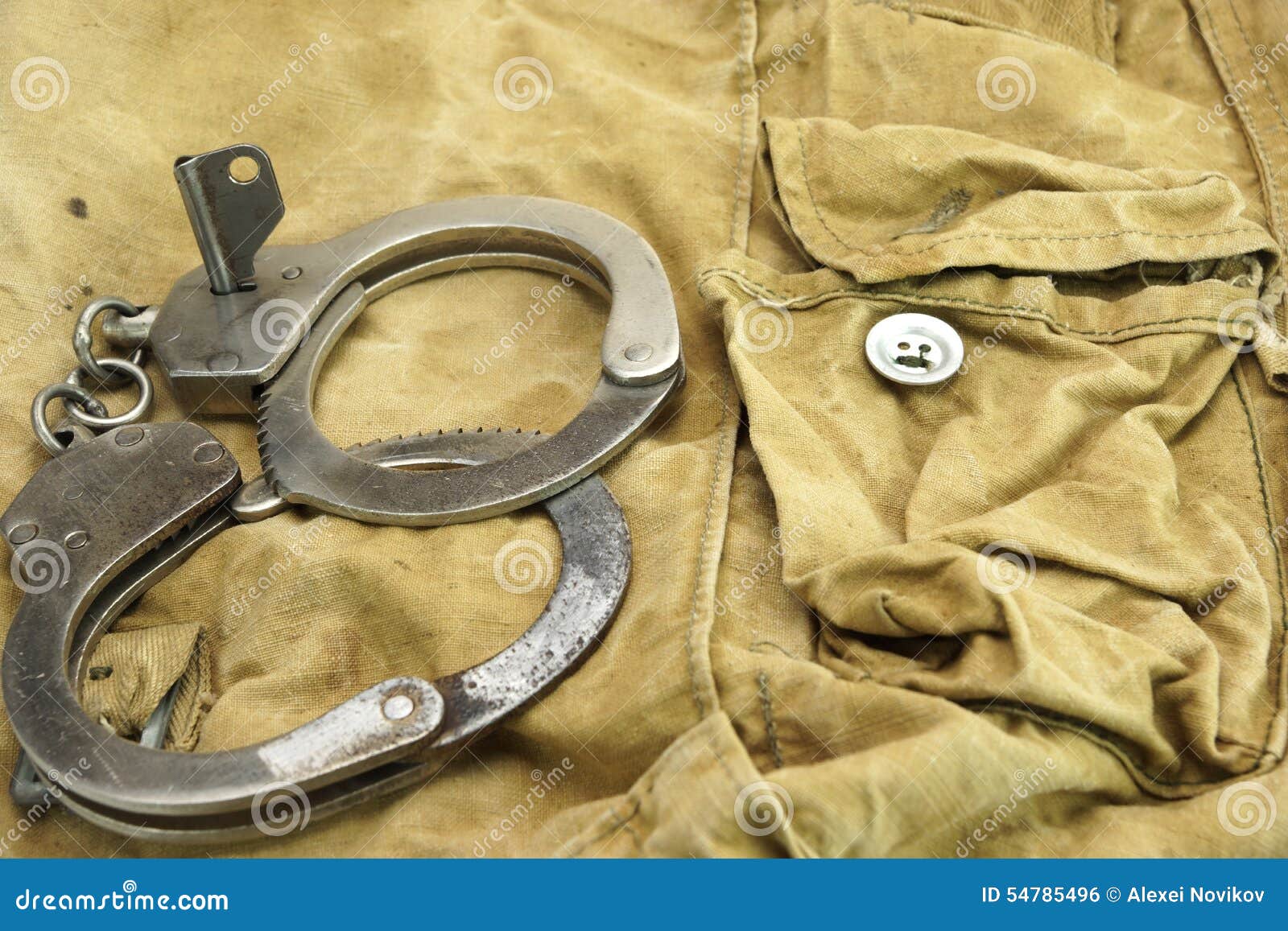 Handcuffs, Security Concept on Camouflage Backpack Background Stock ...