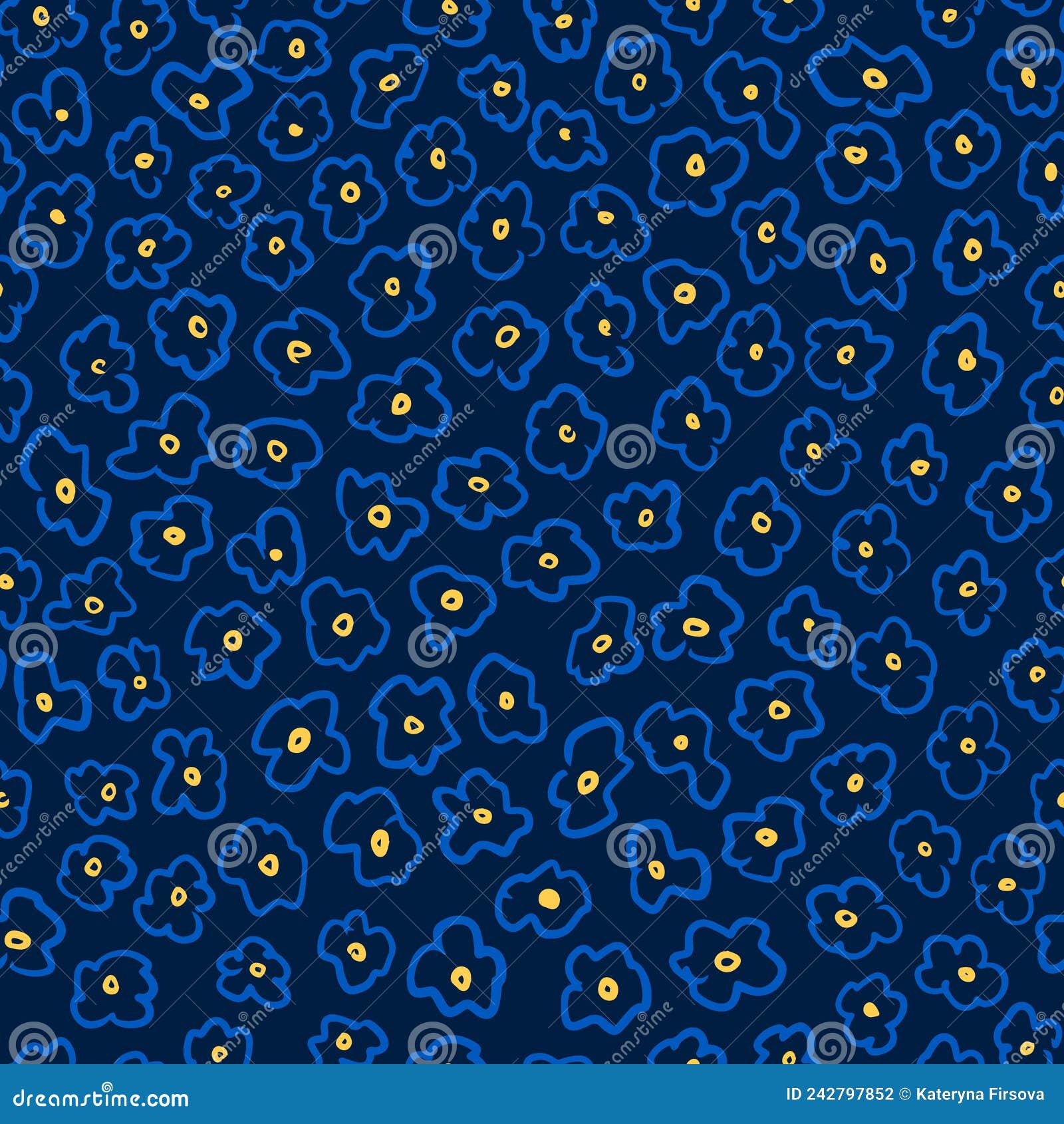 Handdrawn Flower Seamless Pattern in Blue and Yellow Color. Vector ...
