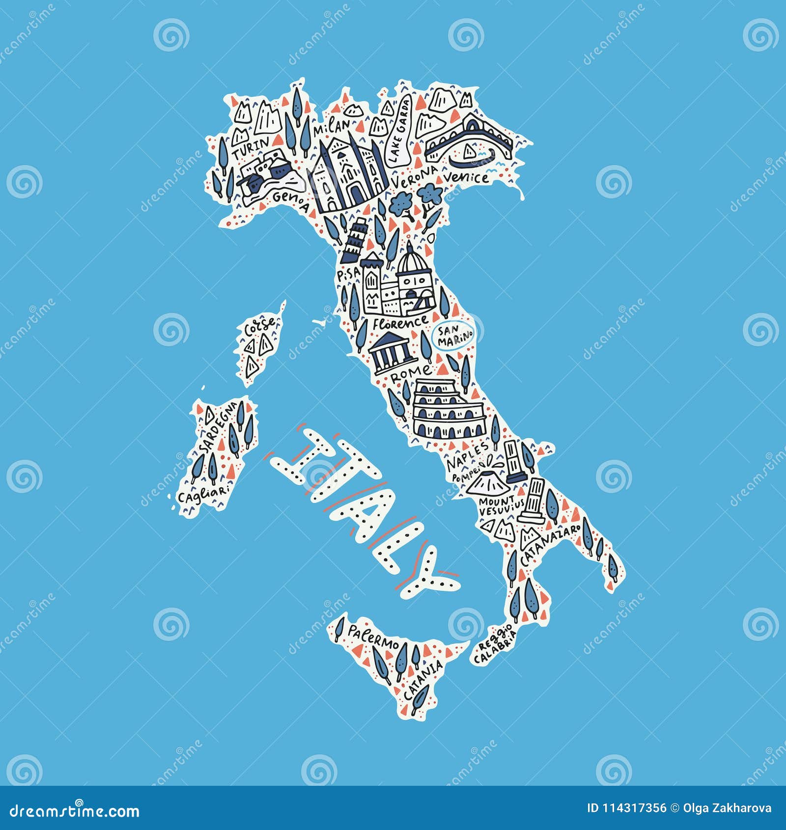 Handdrawn map of Italy stock vector. Illustration of design - 114317356