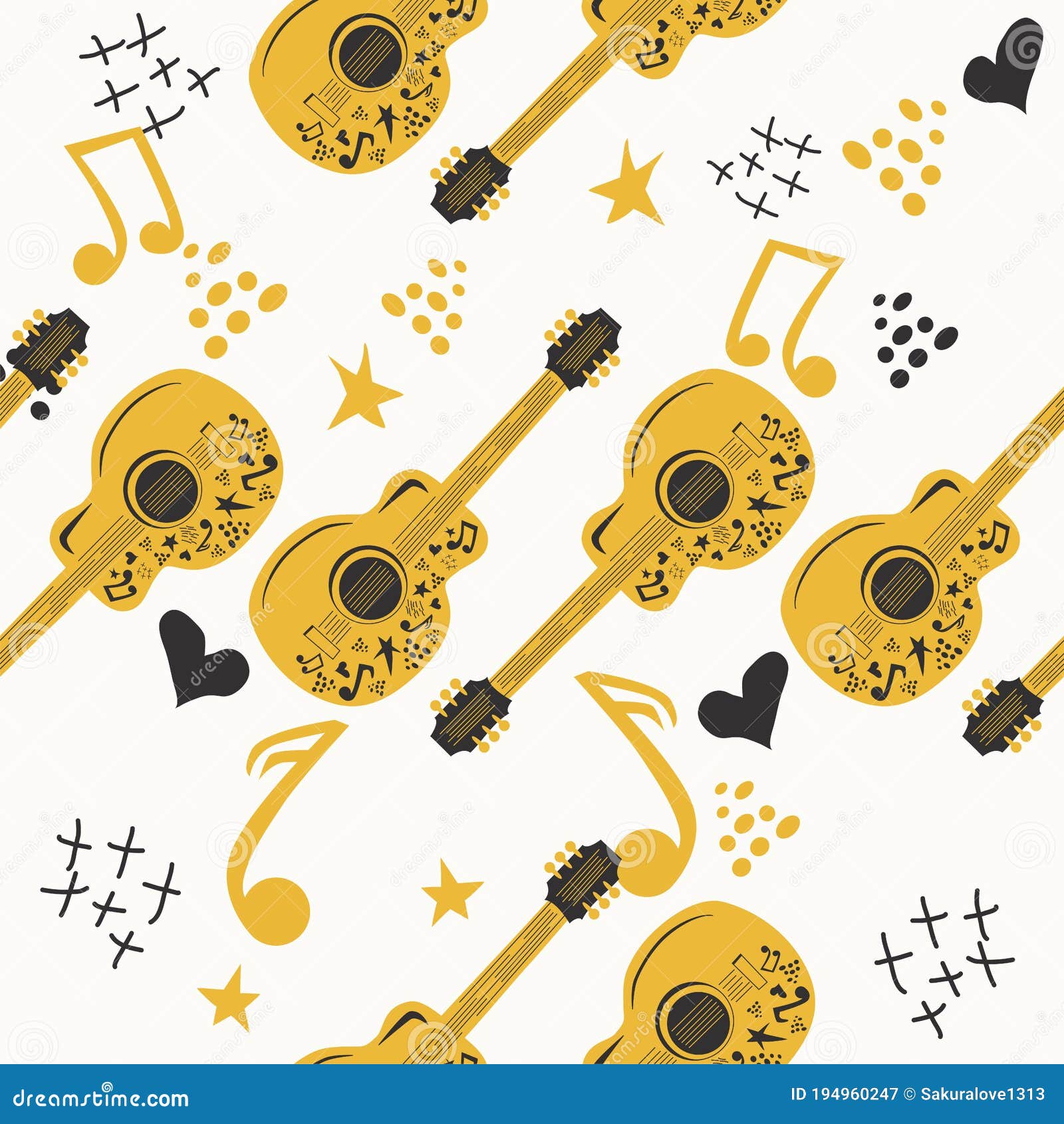Handdrawn Seamless Pattern with Country Music Symbols - Notes, Guitar ...