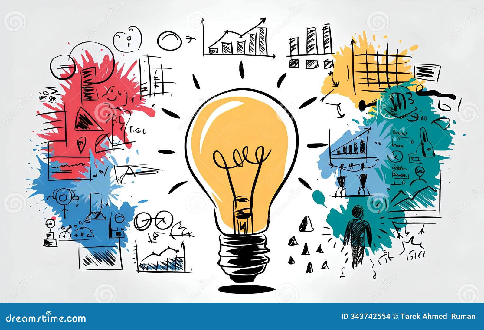 A Handdrawn Sketch of a Lightbulb with Various Charts and Scribbles ...