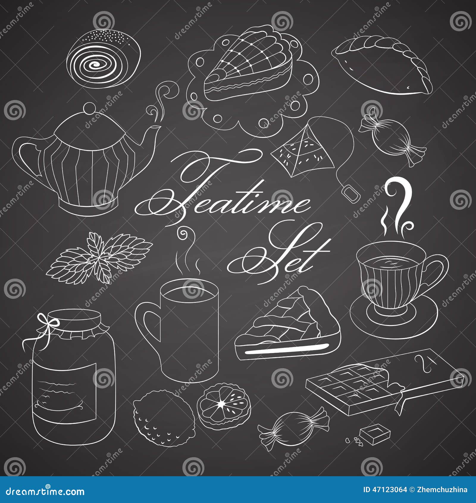 Handdrawn Teatime Set on Black Chalkboard Stock Vector - Illustration ...