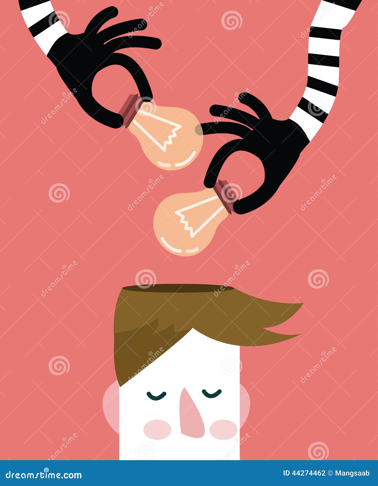 Handen Die Idee Gloeilampen Van Hoofd Stelen, Vector Illustratie ...