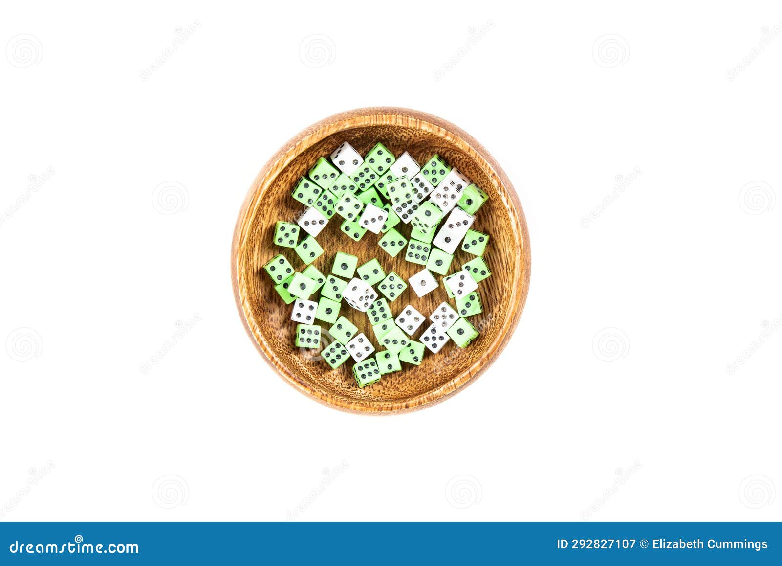 Handful of Tiny White and Neon Green Dice in a Wooden Cup Isolated Over ...