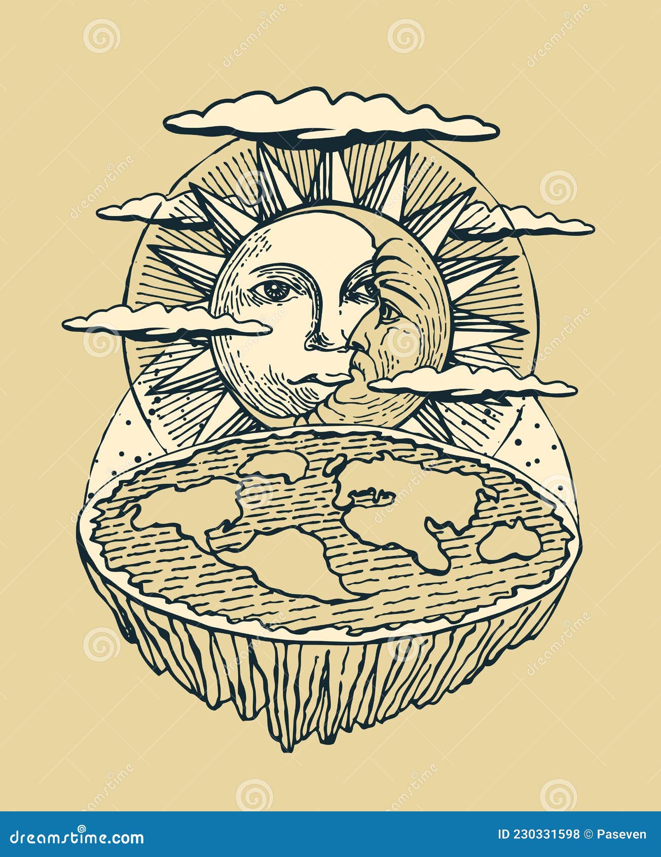 Handgezeichnete Flache Erde Im Weltraum Mit Sonne Und Mond Vektor ... Handgezeichnete Flache Erde Im Weltraum Mit Sonne Und Mond Vektor ...